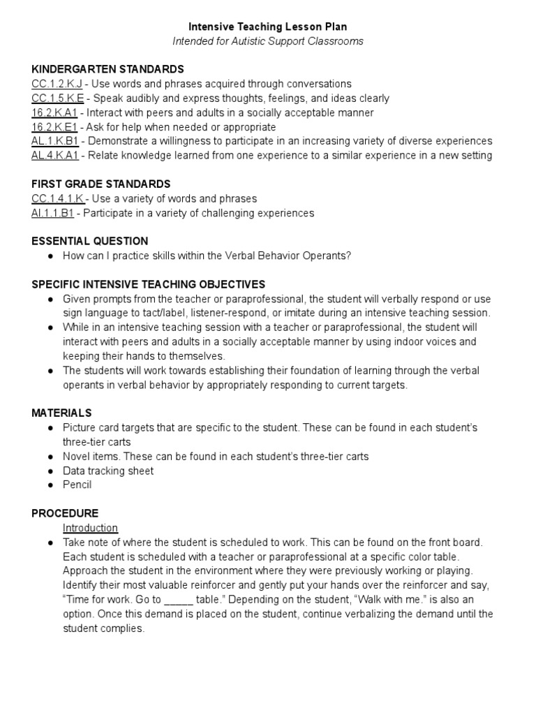 Intensive Teaching Lesson Plan 1 | PDF | Teachers | Reinforcement