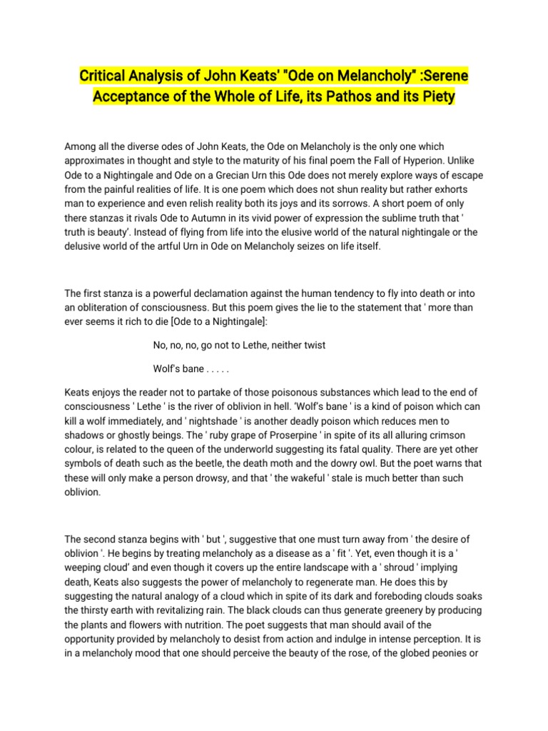 Critical Appreciation of Ode To Melancholy | PDF | Poetry