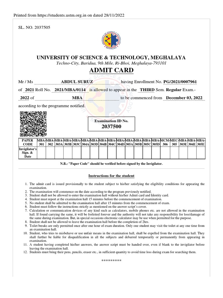 Admit Card: University of Science & Technology, Meghalaya | PDF