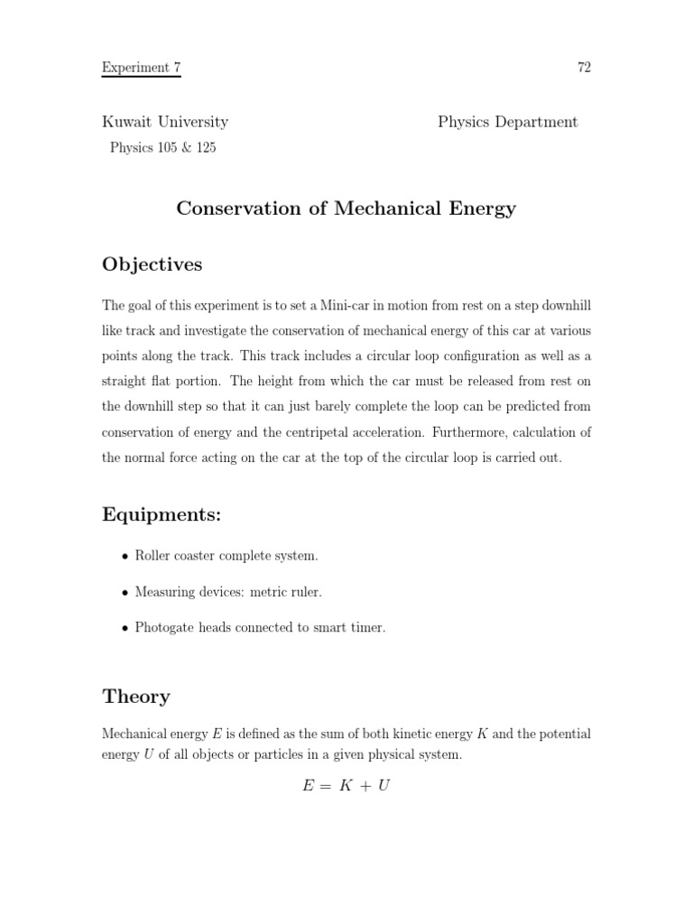 Conservation of Mechanical Energy: Kuwait University Physics Department | PDF | Kinetic Energy ...
