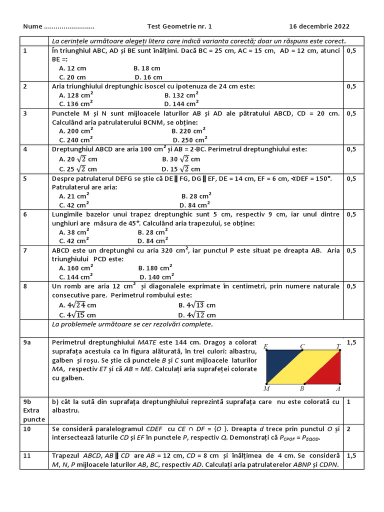 Test Geometrie Perim Si Arii 16 Dec | PDF