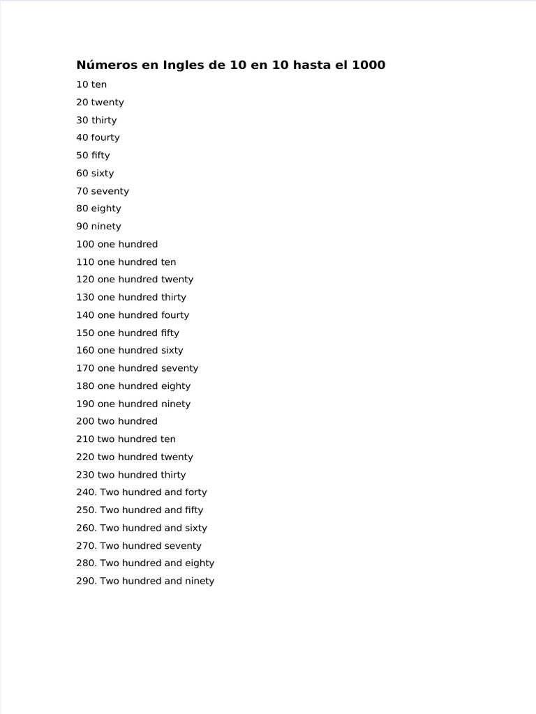Dokumen - Tips Numeros en Ingles de 10 en 10 Hasta El 1000 | PDF