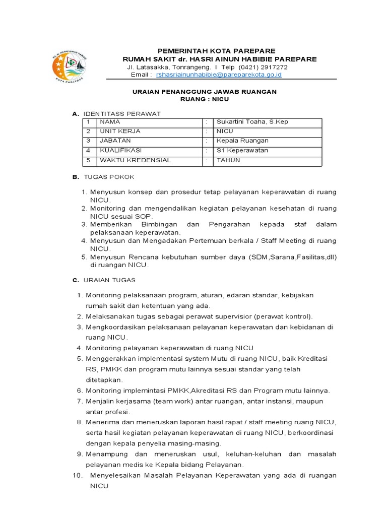 Uraian Tugas Perawat Nicu | PDF