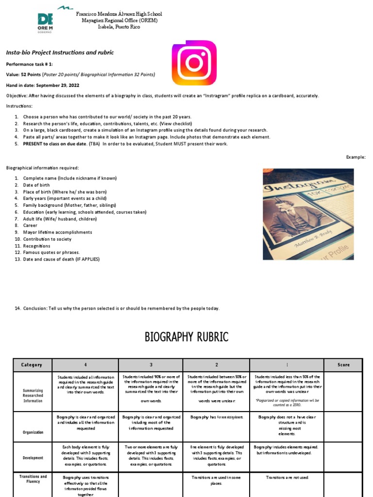 Instagram Bio Project Instructions | PDF | Information | Rubric (Academic)