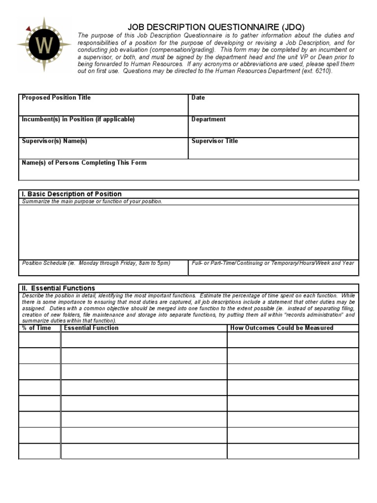 Job Description Questionnaire | PDF | Human Resources | Occupational ...
