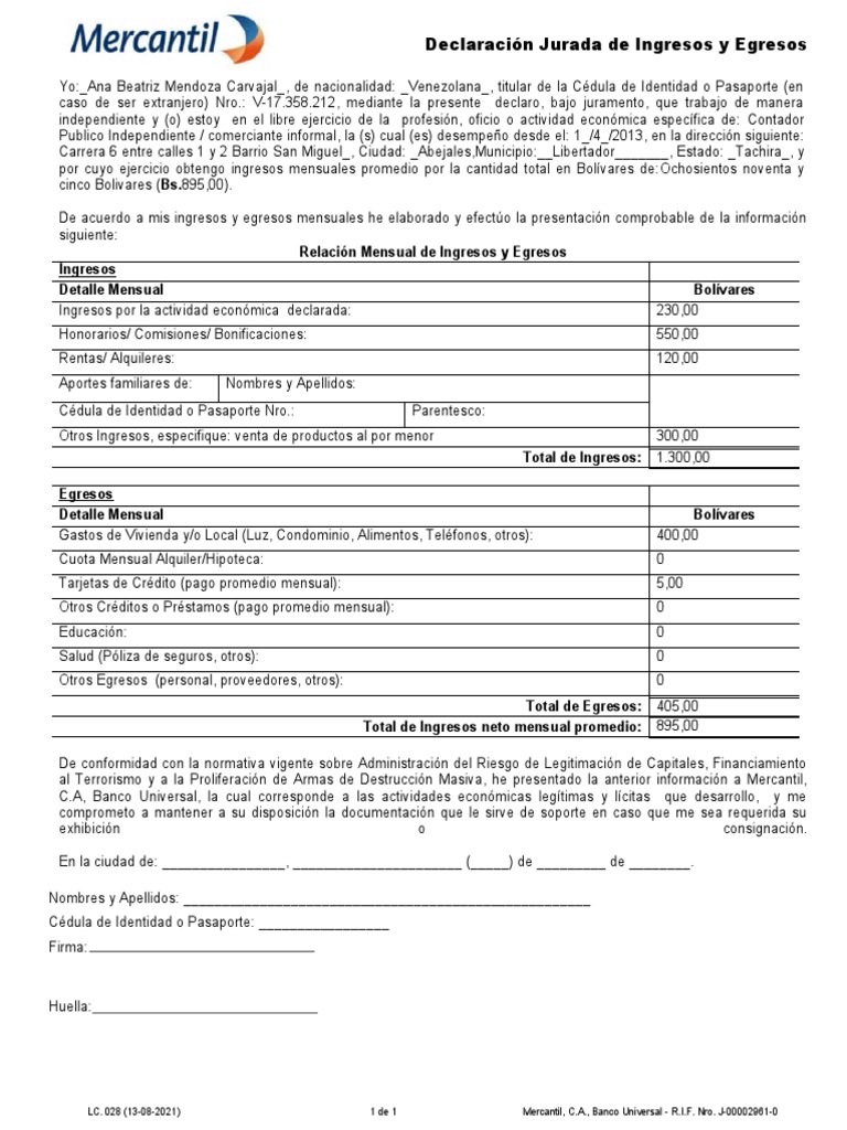Declaracion Jurada de Ingresos y Egresos 2021 | PDF | Economias