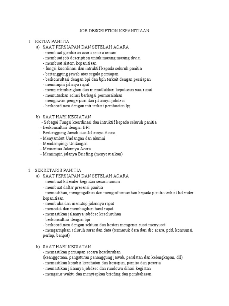 Job Description Kepanitiaan | PDF