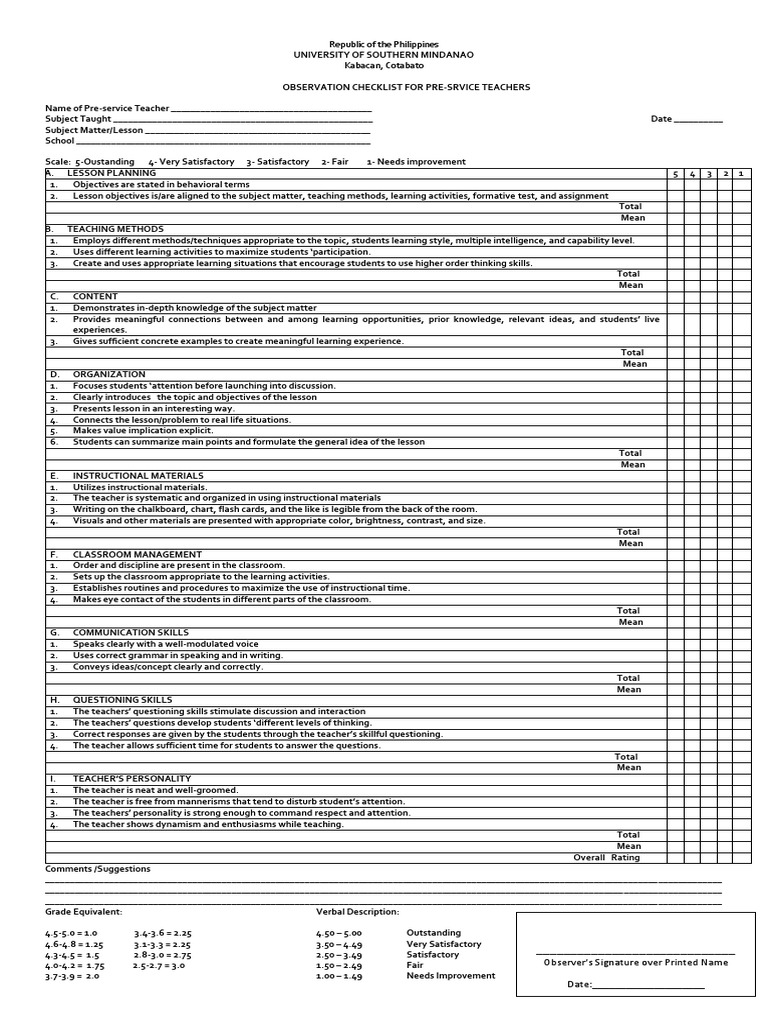 Observation Checklist for Teachers | PDF | Teachers | Learning
