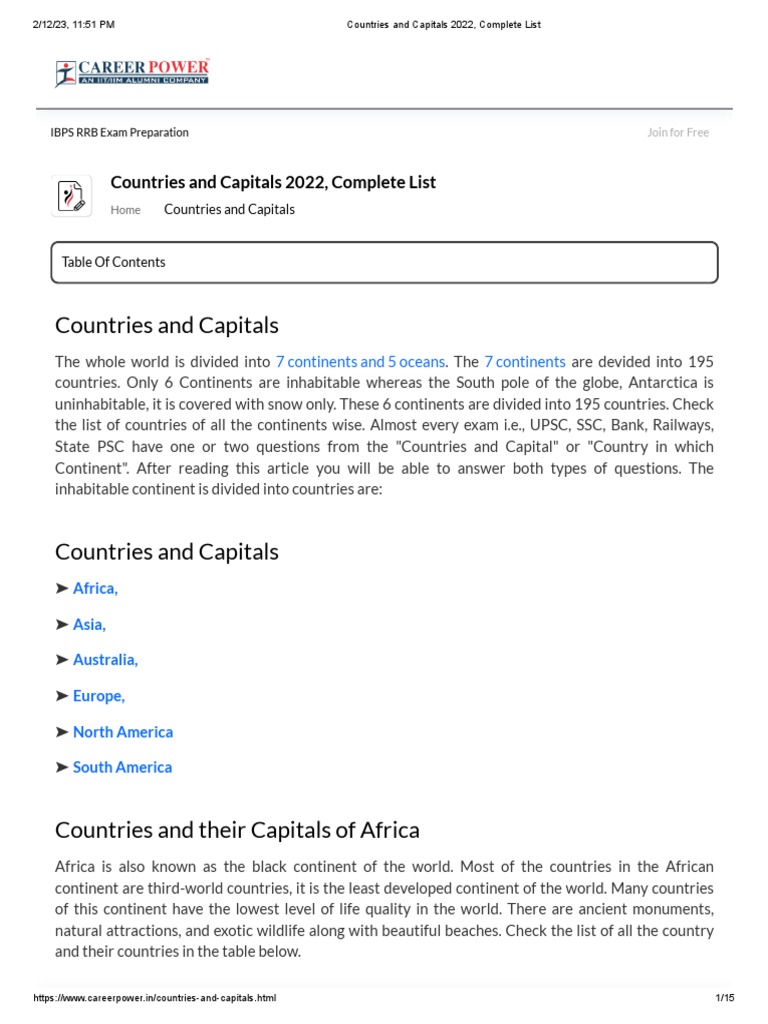 Countries and Capitals 2022 List | PDF