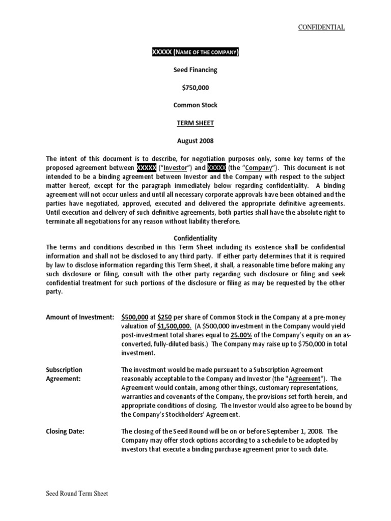 Seed Financing Term Sheet | PDF | Stocks | Investing