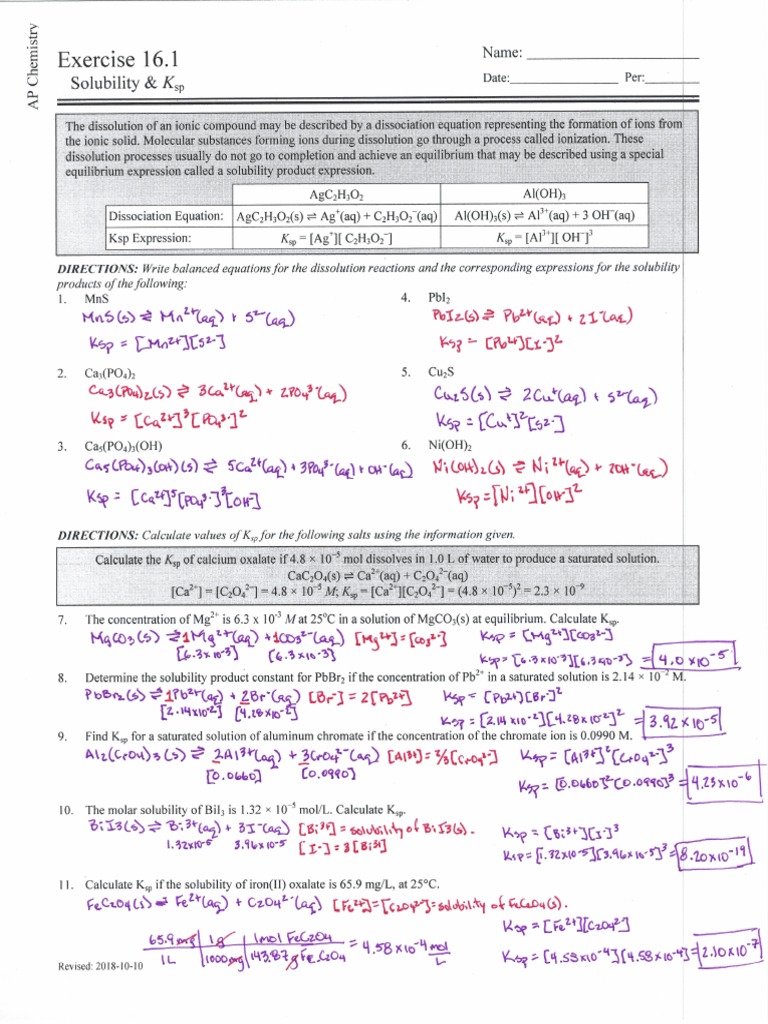 Exercise 16.1 - Solubility and KSP - Answers | PDF