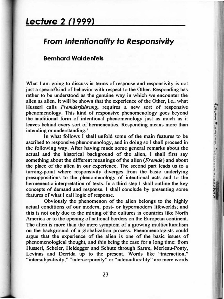 Waldenfels, Bernhard - ENG - From Intentionality To Responsivity | PDF | Phenomenology ...