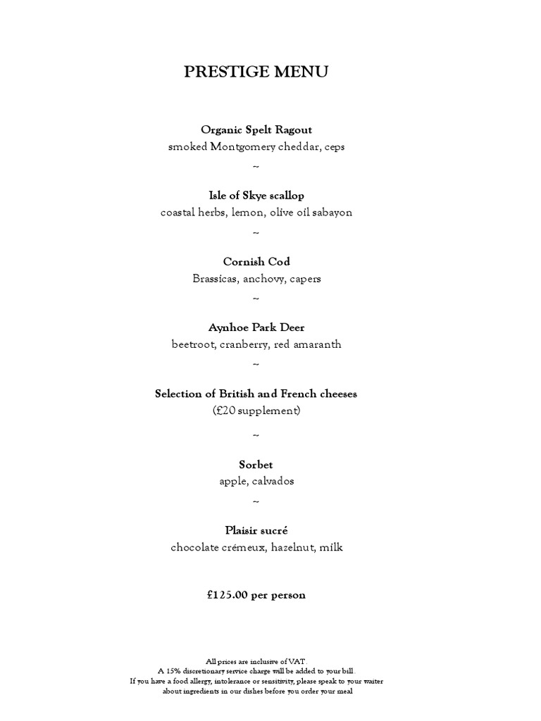 Prestige Restaurant Menu Overview | PDF