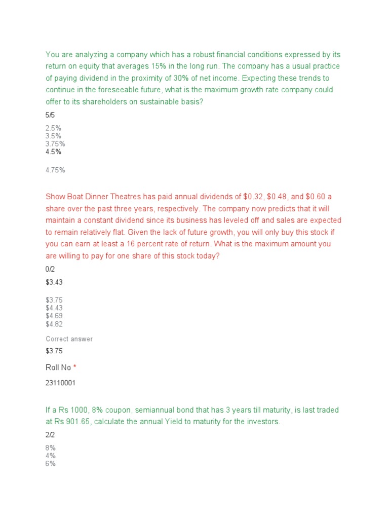 PM Quiz 6 | PDF | Dividend | Bonds (Finance)