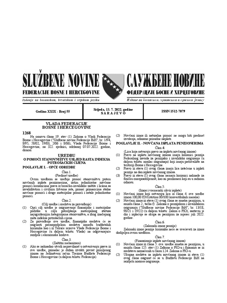 Uredba o Pomici Stanovnistvu Usljed Rasta Indeksa Cijena | PDF