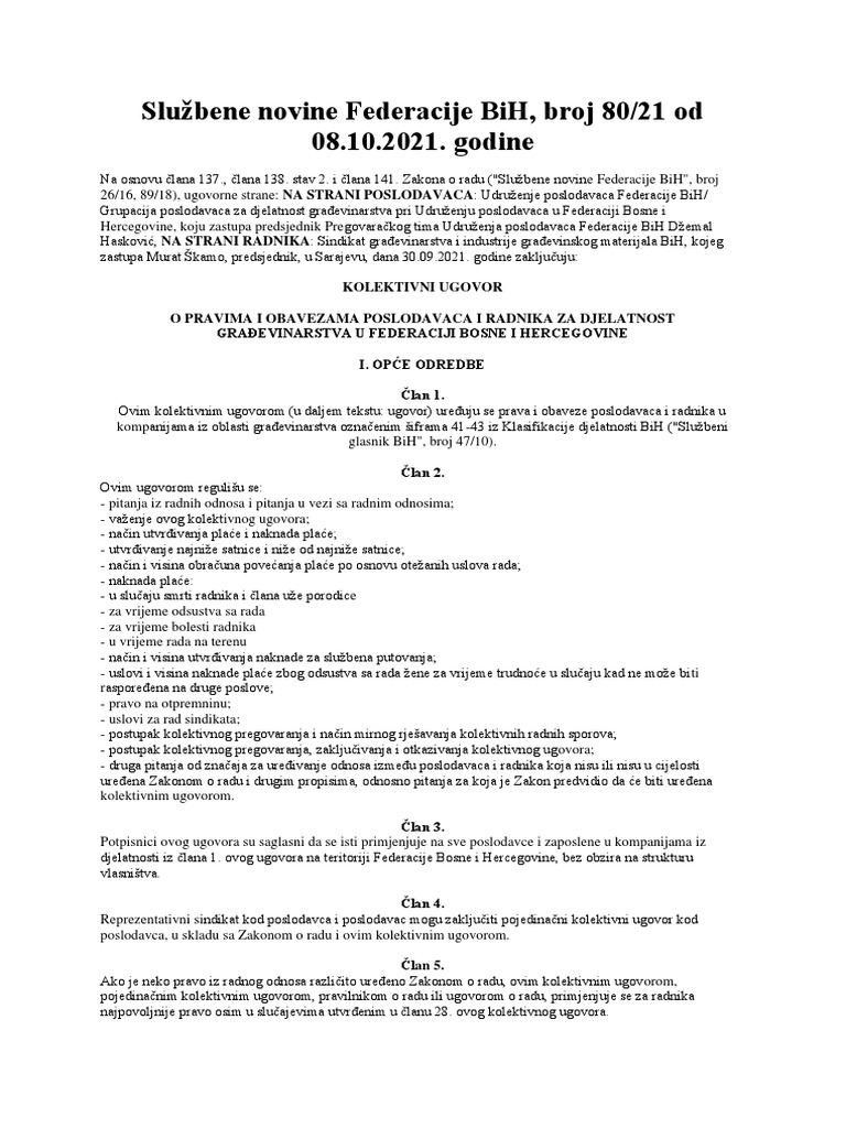Kolektivni Ugovor o Pravima I Obavezama Poslodavaca I Radnika Za Djelatnost Gradjevinarstva U ...