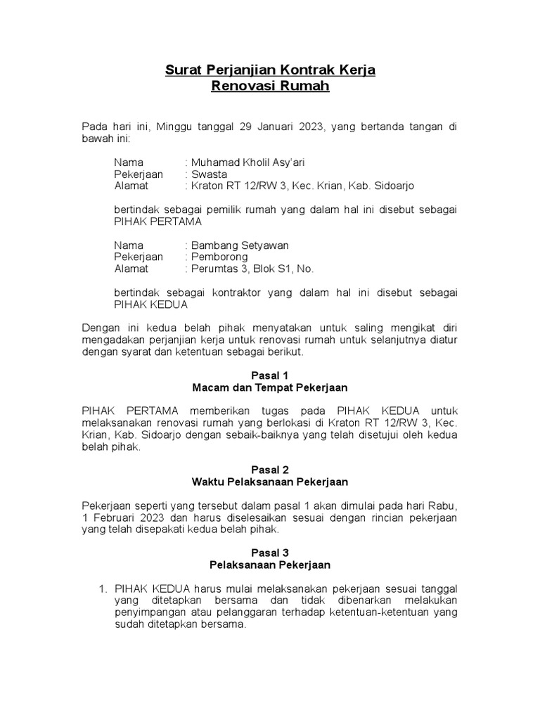 Surat Perjanjian Kontrak Kerja Proyek | PDF