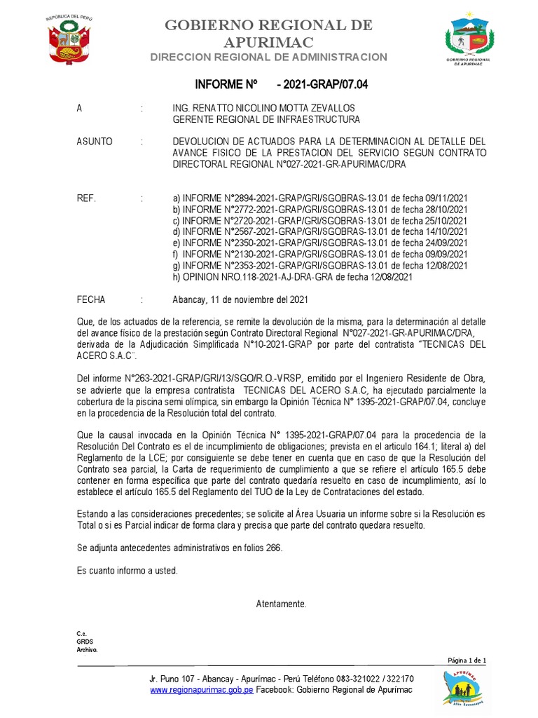 DRA - Informe Técnico Resolución de Contrato Directoral #0048-2021 - TECNICAS DE ACERO S.A ...