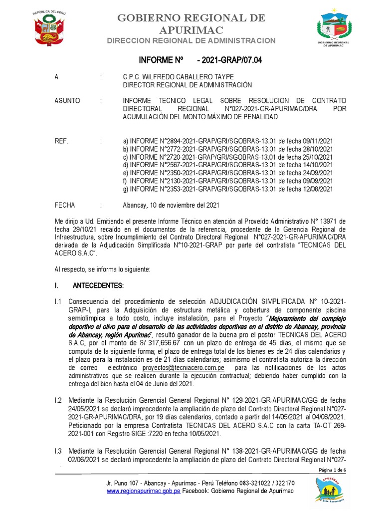 DRA - Informe Técnico Resolución de Contrato Directoral #0048-2021 - TECNICAS DE ACERO S.A.C ...