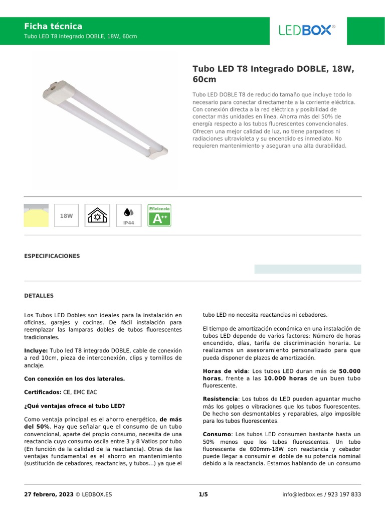 Tubo LED T8 Integrado DOBLE, 18W, 60cm | PDF | Lámpara fluorescente ...