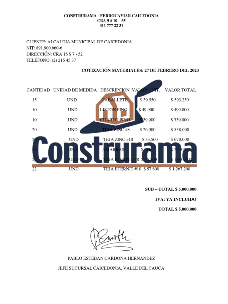 Cotización de Materiales para Alcaldía | PDF