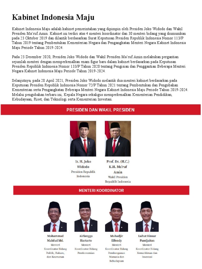 Kabinet Indonesia Maju Jokowi Maruf 2019 - 2024 | PDF
