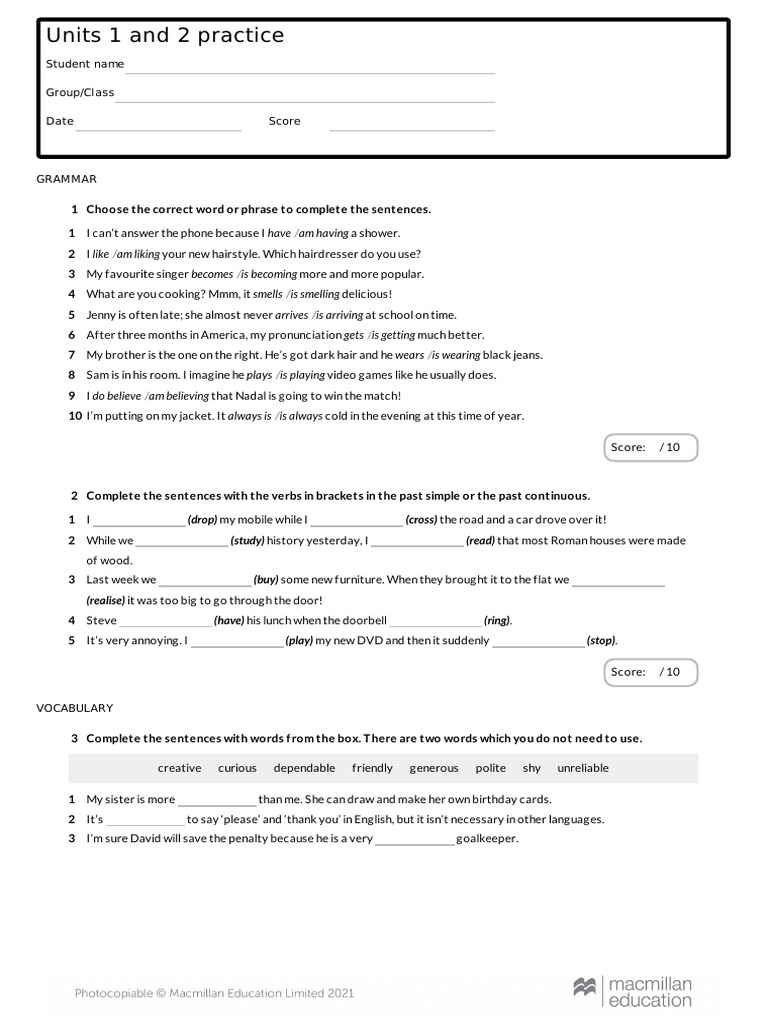 Test Units 1 and 2 Optimise B1 | PDF | Linguistics