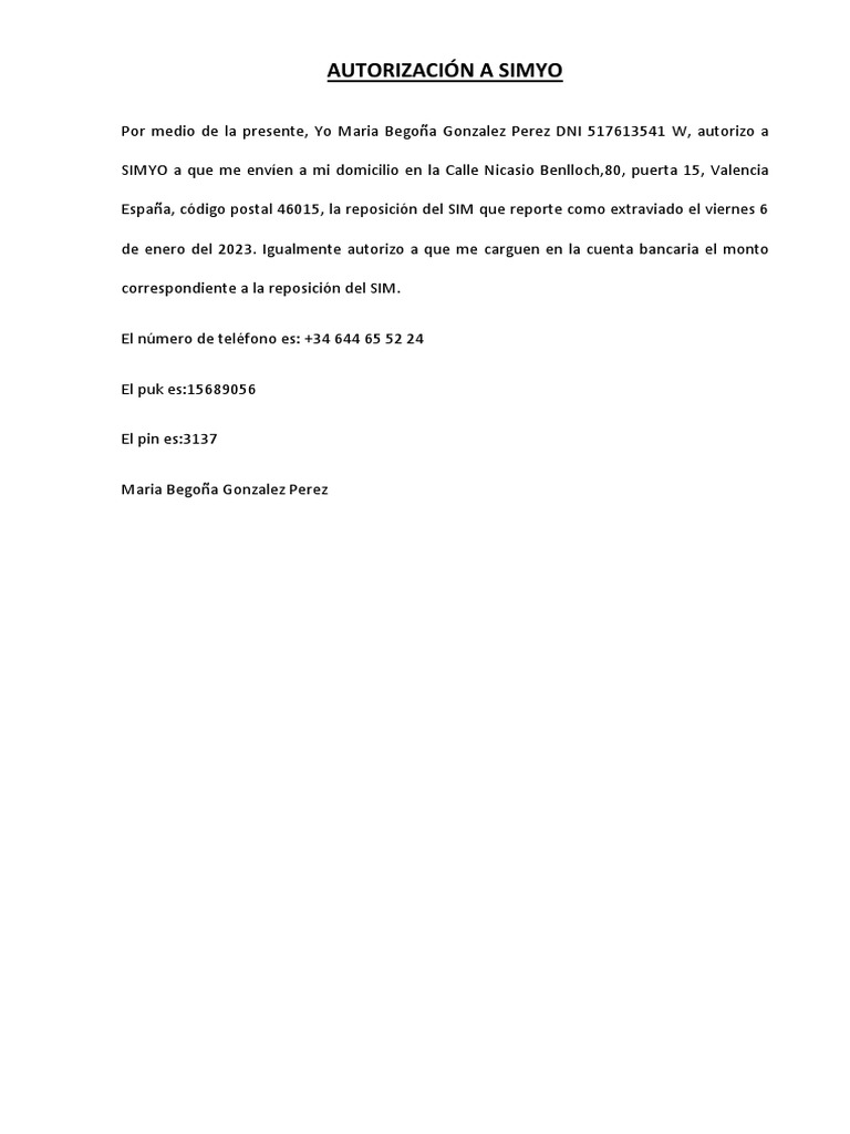 AUTORIZACION Simyo | PDF