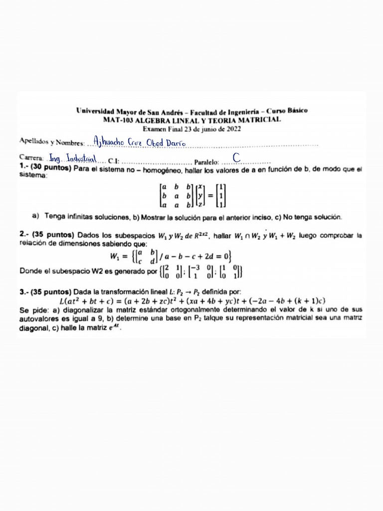 ALBEGRA - LINEAL - SOLUCIONARIO - (Examen - Final - MAT103) | PDF
