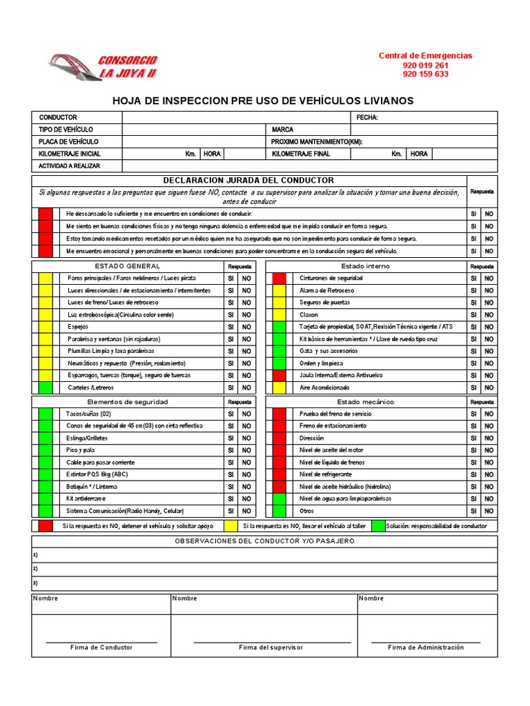 Hoja de Inspección Pre Uso de Vehículos Livianos CLJ | PDF | Transporte ... Hoja de Inspección Pre Uso de Vehículos Livianos CLJ | PDF | Transporte ...