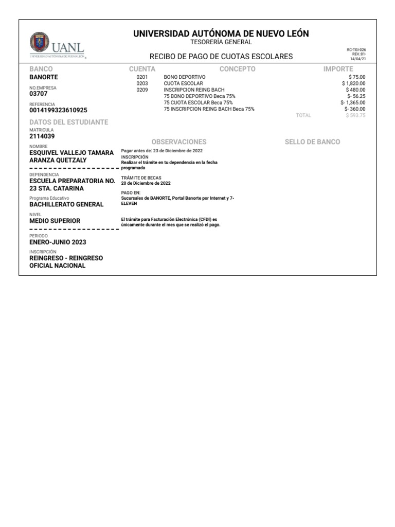 Recibo de pago de cuotas escolares para estudiante de bachillerato ...