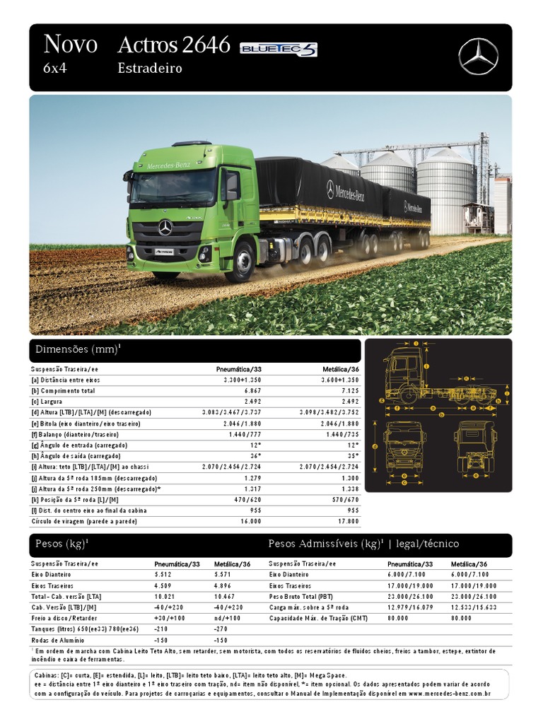 Dimensões do Mercedes Actros 2646 6x4 | PDF | Eixo | Tecnologia de veículos