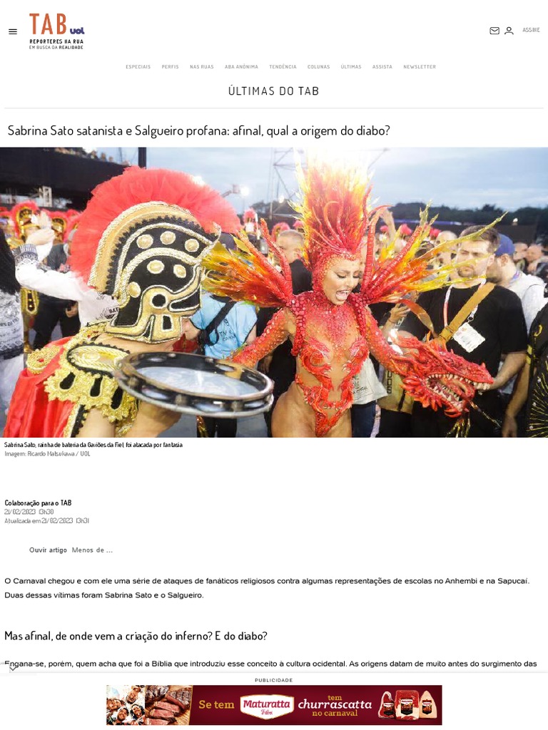 Matéria Jornalística em UOL TAB Titulada "Sabrina Sato Satanista e ...