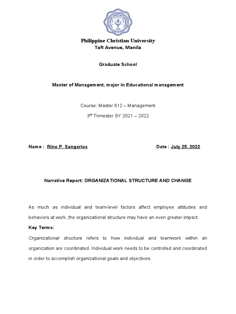 Narrative Report - SANGARIOS | PDF | Organizational Structure | Change ...