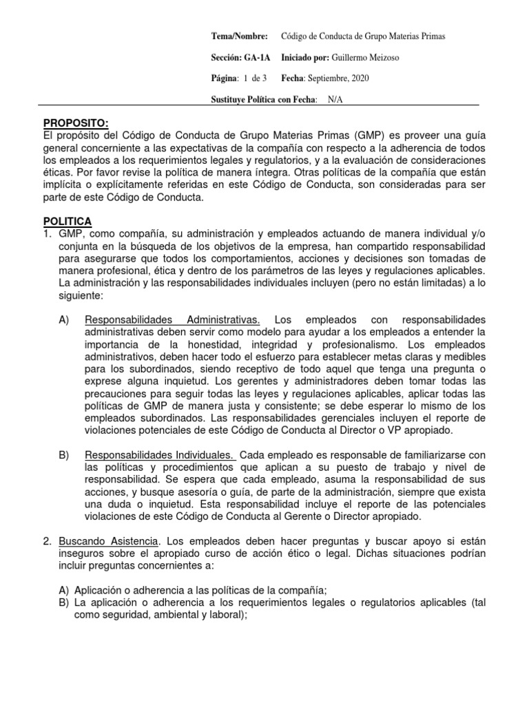 GA-1A Codigo de Conducta de GMP | PDF | Acoso sexual | Comportamiento