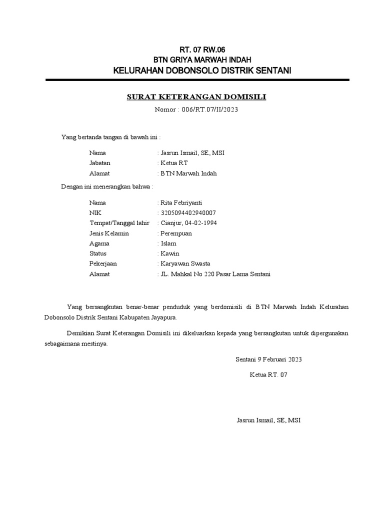 Surat Keterangan Domisili | PDF