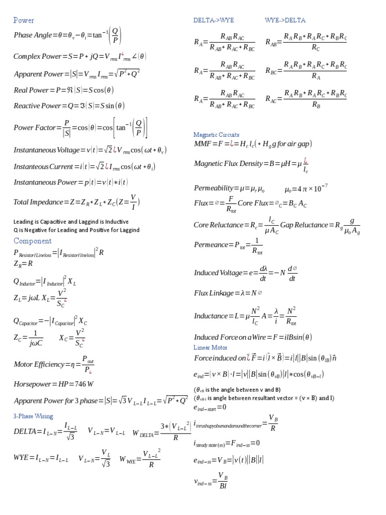 Power Formula Sheet | PDF | Transformer | Quantity