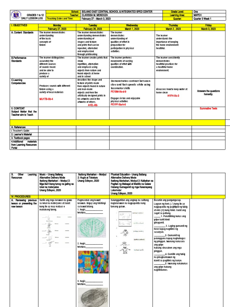 DLL MAPEH Week 3, Quarter 3 | PDF | Learning | Sound