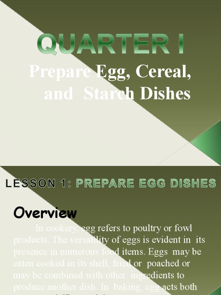 Prepare Egg, Cereal, and Starch Dishes | PDF | Dishwasher | Egg As Food