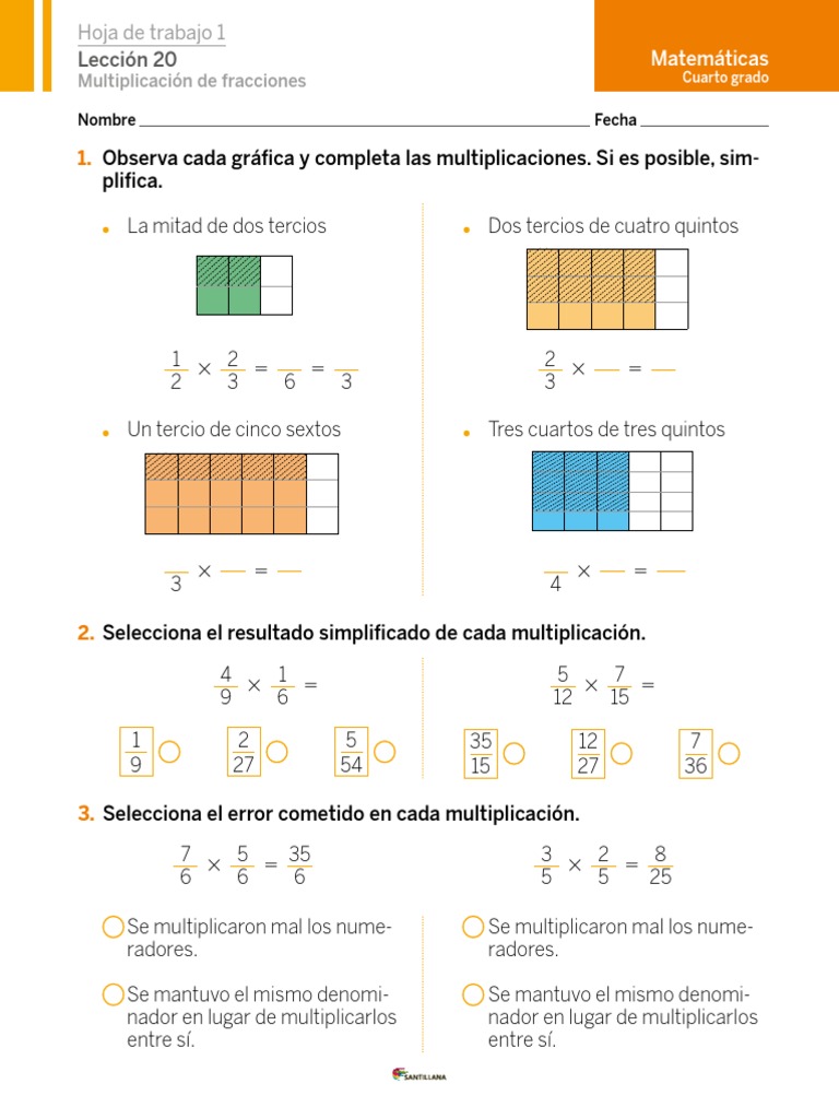 Hoja de Trabajo Multiplicación de Fracciones Leccion 20 | PDF | Métodos ...