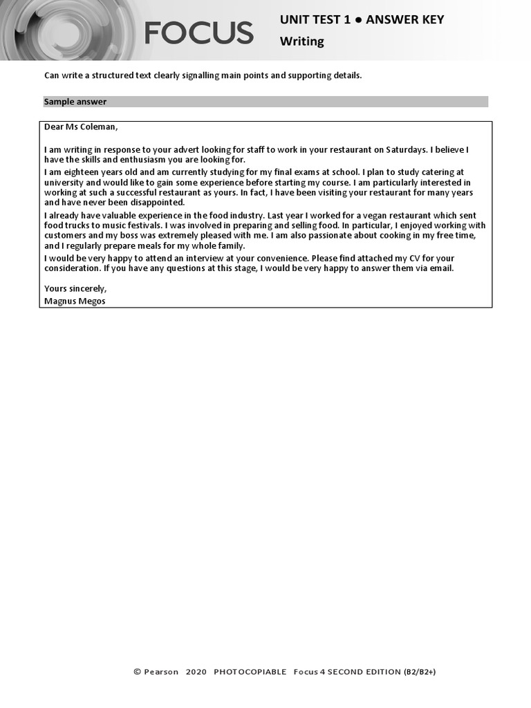 Focus4 2E Unit Test Writing Unit1 ANSWERS | PDF | Sentence (Linguistics ...