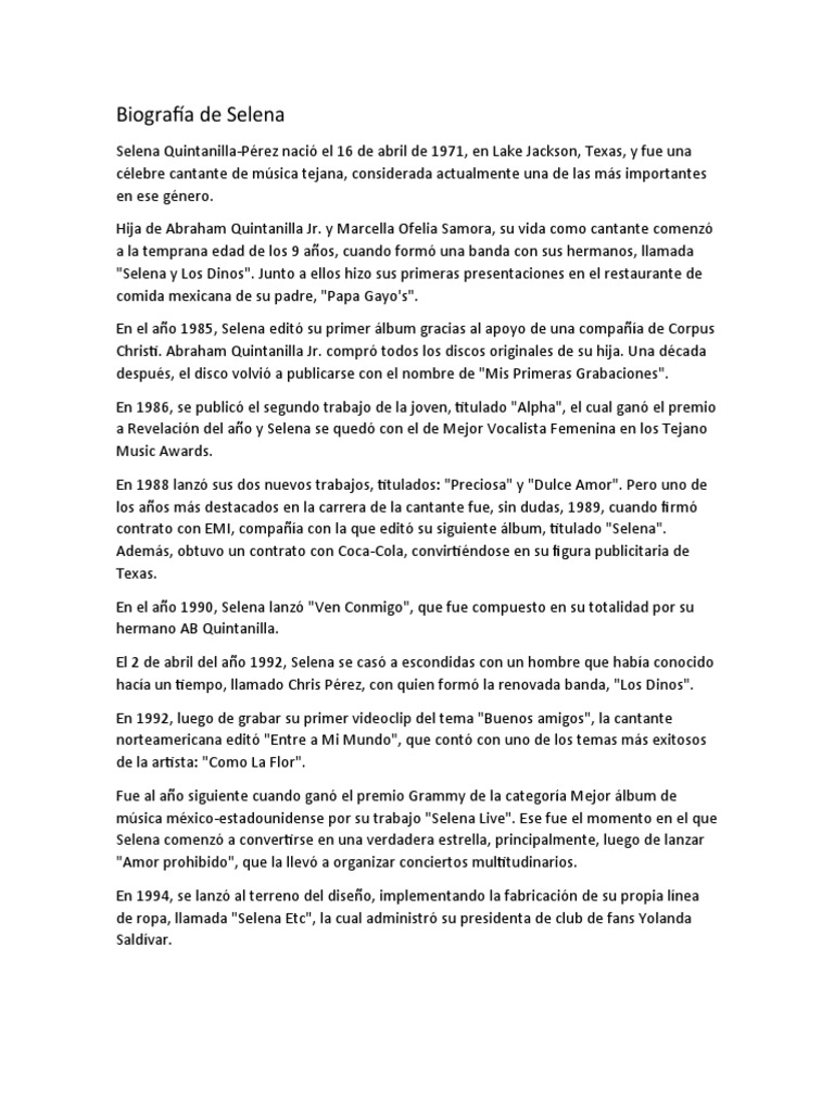Biografía de Selena Quintanilla-Pérez | PDF