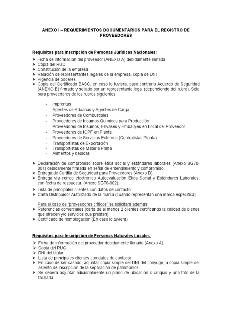 ANEXO I - Requerimientos Documentarios para El Registro de Proveedores ...