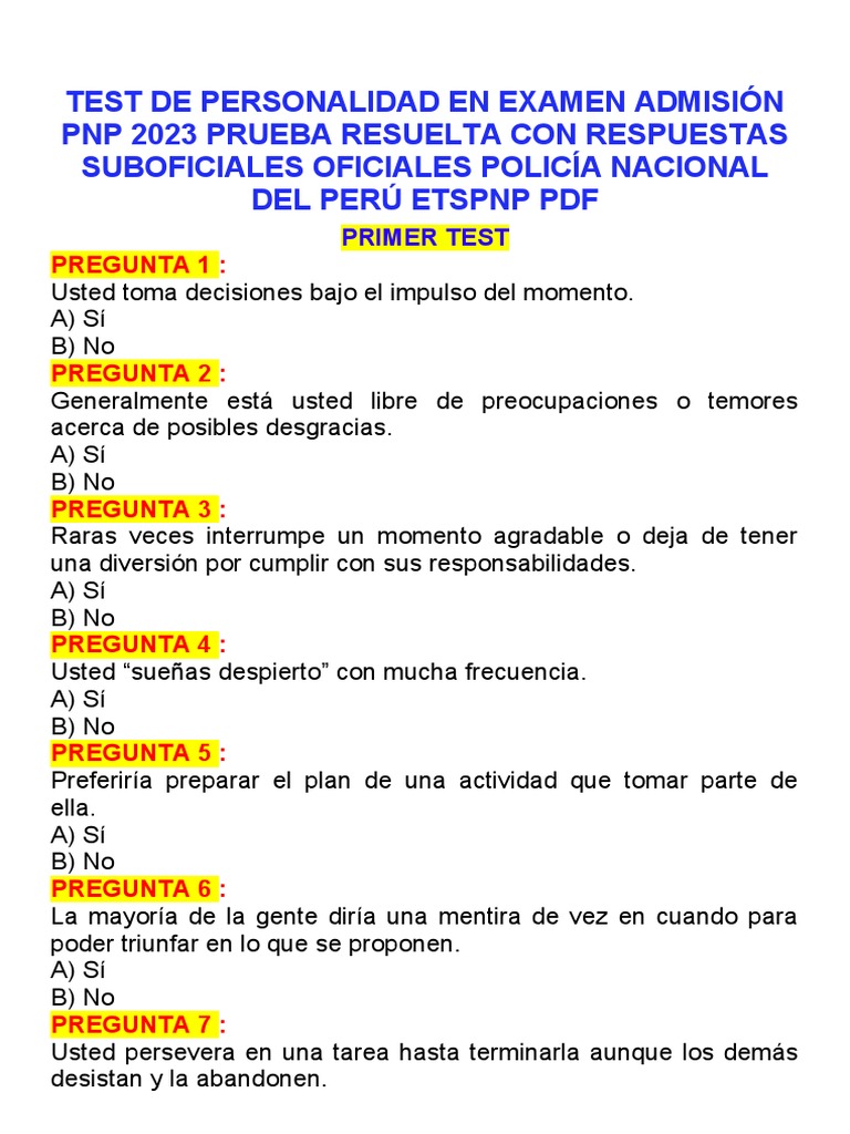 Test de Personalidad en Examen Admisión PNP 2023 Prueba Resuelta Con ...