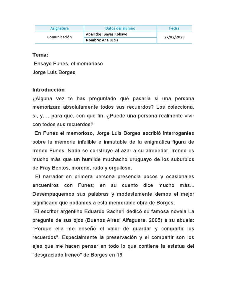 Funes El Memorioso | PDF | Razón | Información