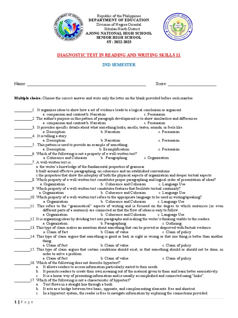 Diagnostic Test Reading and Writing | PDF | Social Science