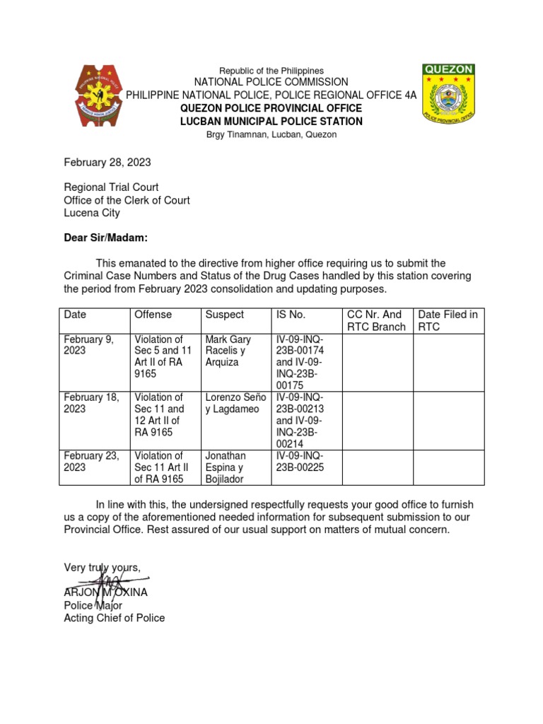 Lucban PNP provides drug case status update for court consolidation | PDF