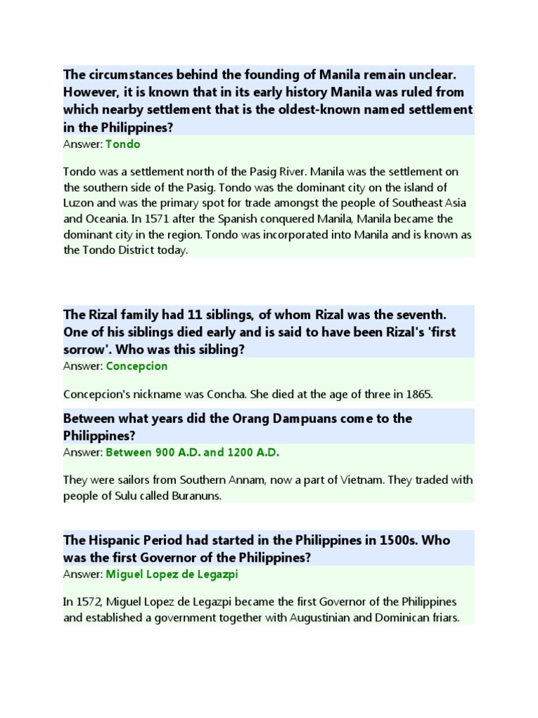 Philippine History Trivia Questions | PDF | Philippines | Manila