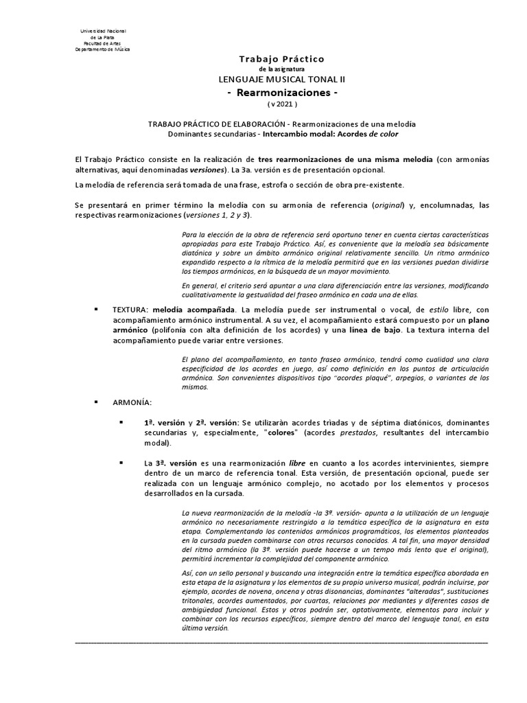 LMT 2 - TP Rearmonizaciones - V 2021 | PDF | Melodía | Armonía