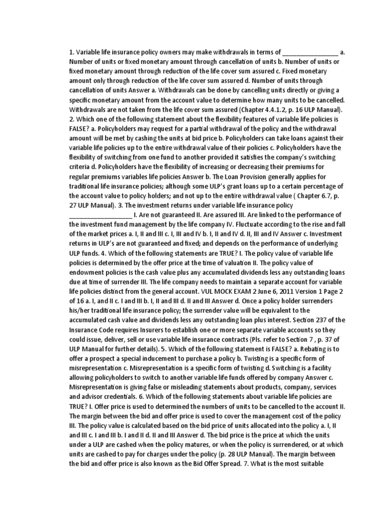 Variable Life Insurance Policy Flexibility and Investment Options | PDF ...